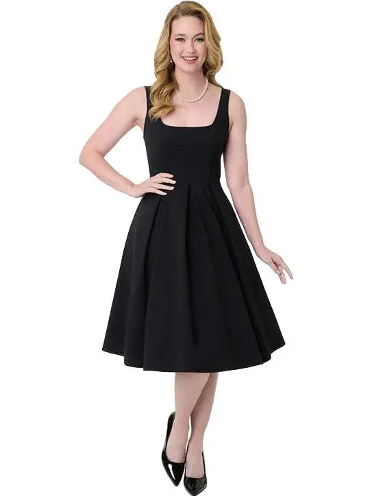 Unique Vintage Square Neck Pleated Swing Dress - Black