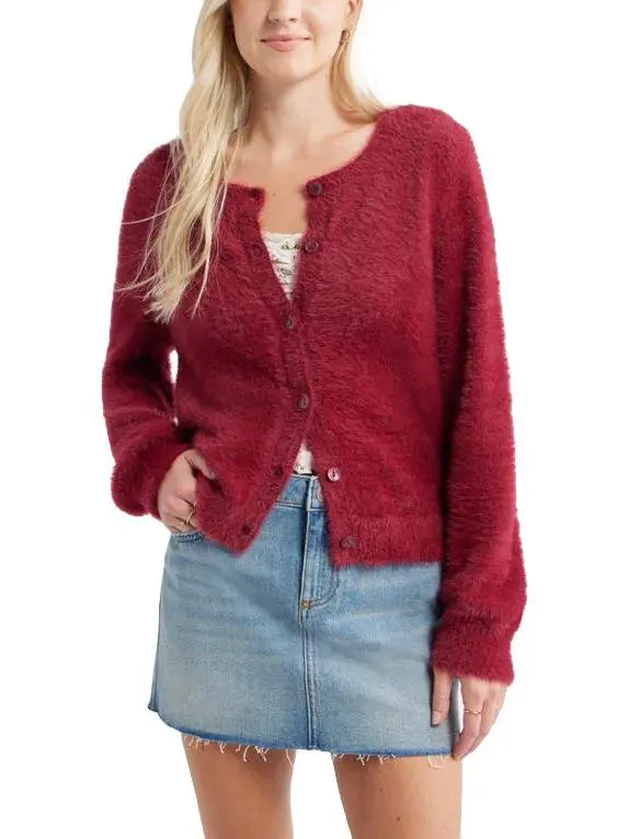 Bp. Fuzzy Scoop Neck Cardigan - Burgundy Beet