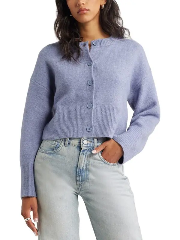 OPEN EDIT Cropped Crewneck Cardigan - Blue Tempest