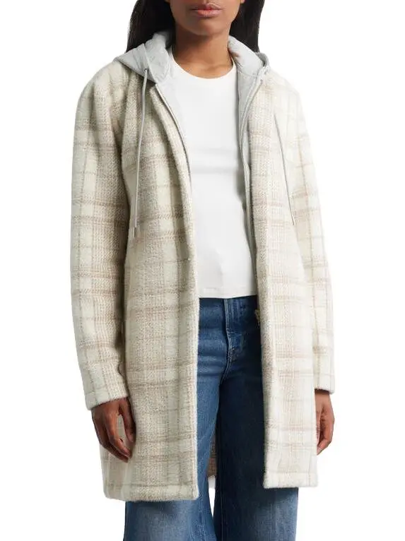 THREAD & SUPPLY Plaid Coat With Removable Bib Hoodie - Beige Combo