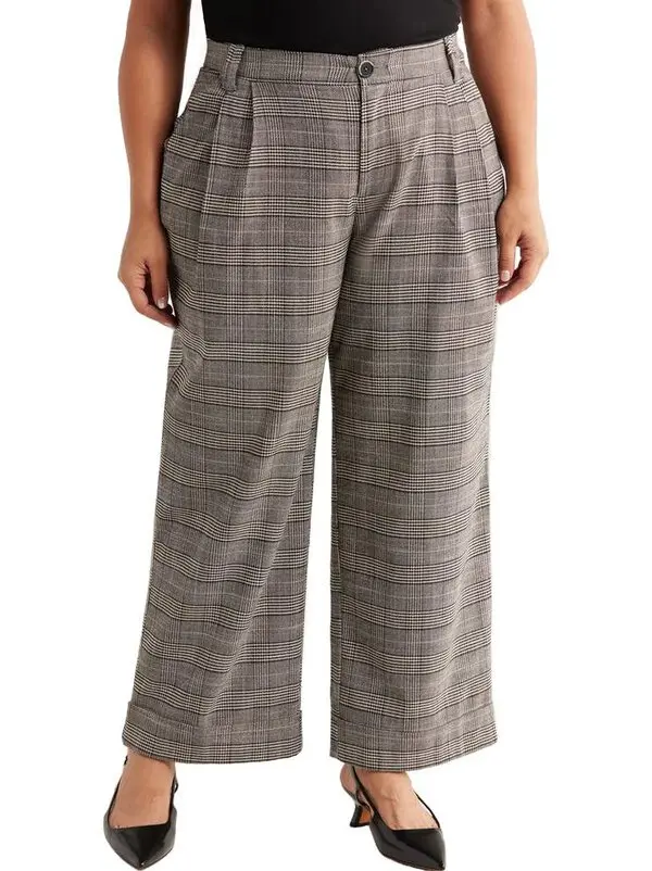 Wit & Wisdom Skyrise Glen Plaid Pleated Wide Leg Trousers - Birch Black Multi