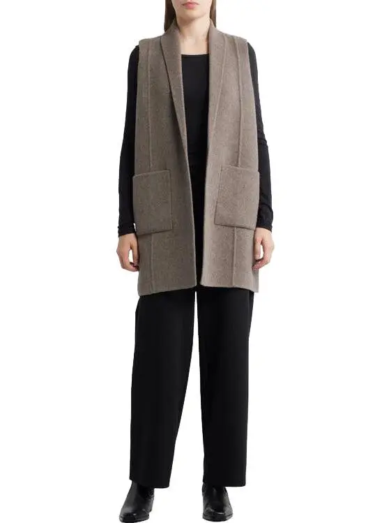 Eileen Fisher Shawl Collar Double Woven Wool Longline Vest - Taupe