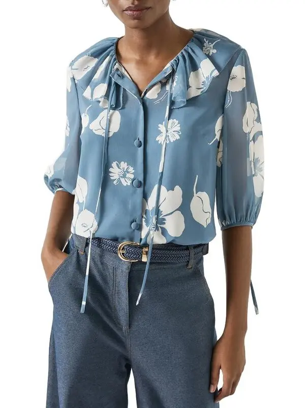 LK BENNETT Rumi Ruffle Top - Blue Multi