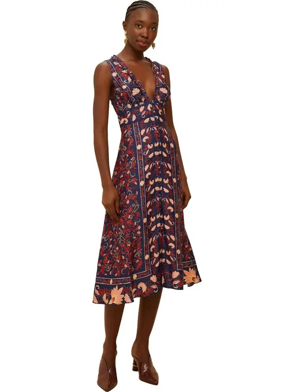Farm Rio Printed Long Sleeve Mini Dress - Boho Floral Scarf Navy Blue