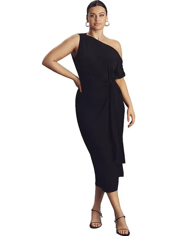 ELOQUII One-shoulder Twist-front Midi Dress - Black