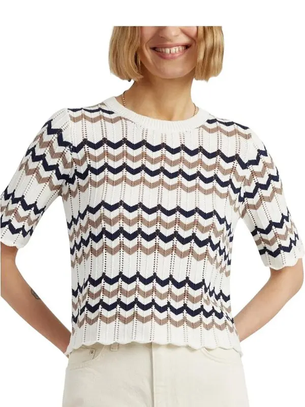 Chinti & Parker Cotton Chevron Stitch T-shirt Top - Navy