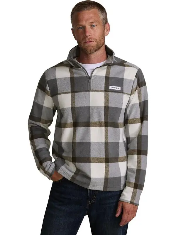 LANDS' END Anyweather Fleece Quarter Zip Pullover - Boulder Gray Glen Plaid