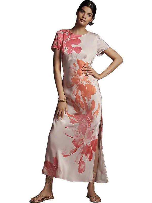Anthropologie Short-sleeve Maxi Slip Dress - Pink Pattern