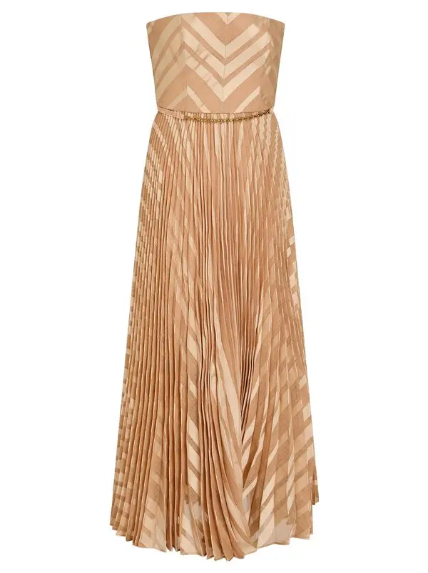 Zimmermann Jacquard Pleated Strapless Midi Dress - Sand