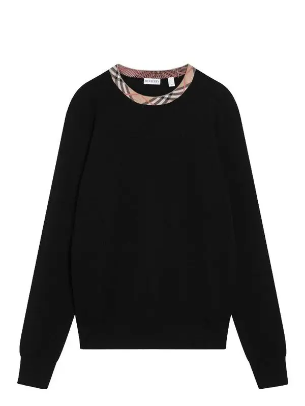 Burberry Crew Neck Wool Sweater With Check Collar - Black