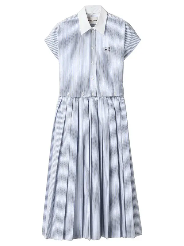 Miu Miu Pleated Striped Poplin Midi-dress - White/light Blue