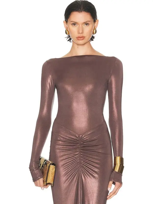 Lapointe Coated Jersey Boatneck Bodysuit - Mocha