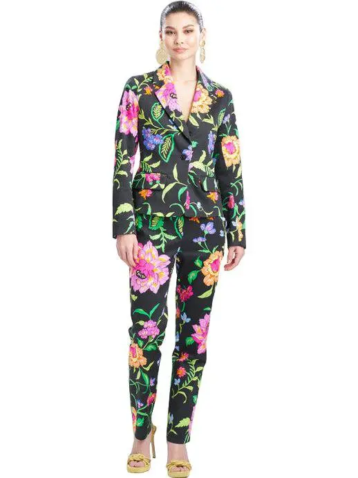 Natori Junko Cotton Chino Tailored Blazer Jacket - Black / Floral / Multicolor