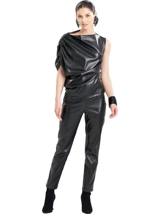 Natori Vegan Luxe Lambskin Drape Top - Black