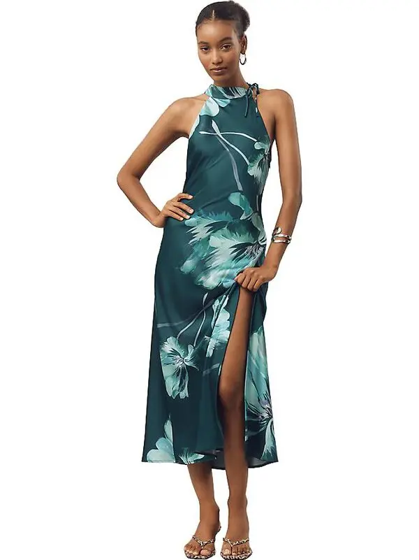 HUTCH Halter Midi Slip Dress - Green Pattern