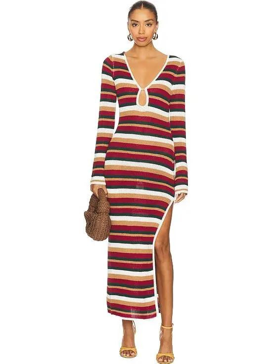 SEVEN WONDERS Benson Sleeved Knit Maxi Dress - Red Multi Stripe