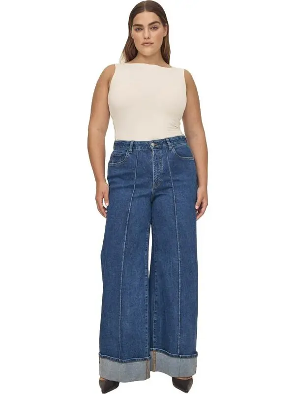 Warp + Weft Wide Leg Jeans With Adjustable Cuff - Denim