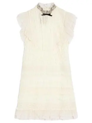Valentino Garavani Short Dress In Embroidered Light Linen - Neutral