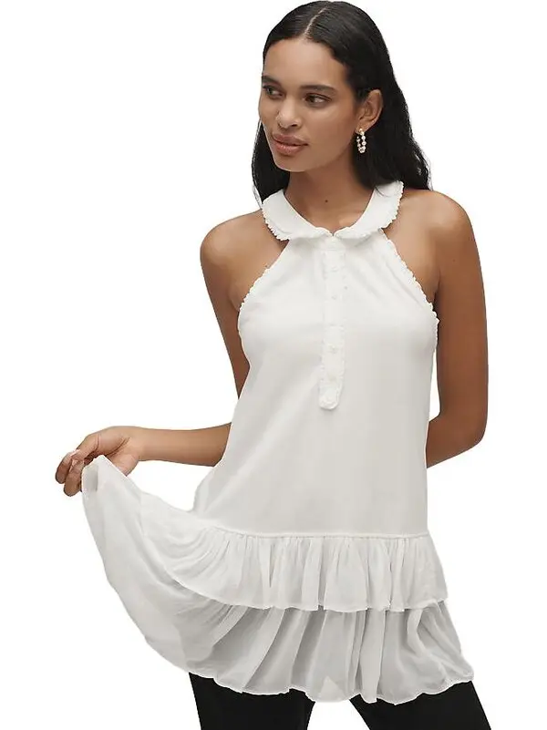 Maeve Collared Halter Ruffled Tunic Top - Vanilla