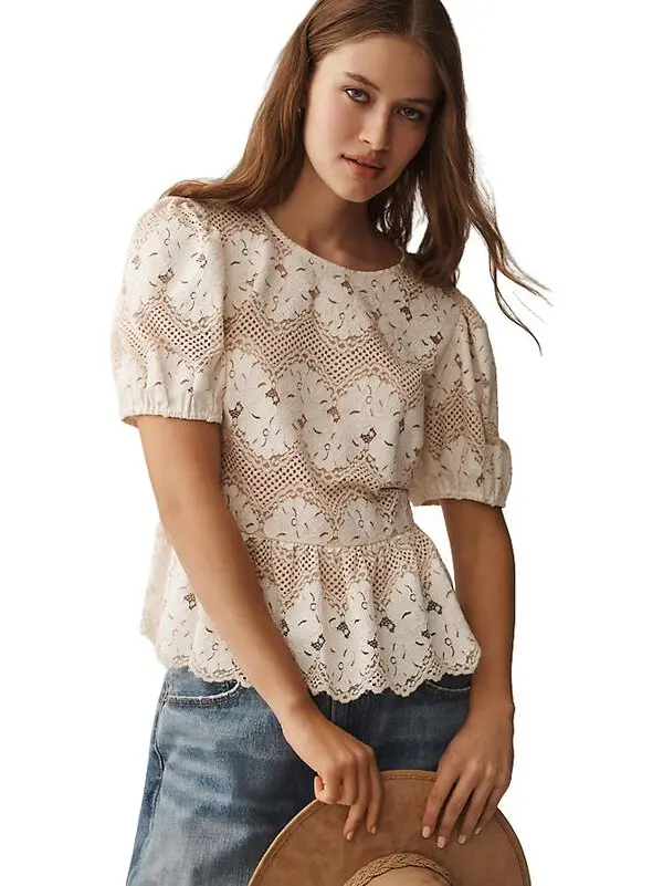 DOLAN LEFT COAST Printed Peplum Top - Ivory Stripe