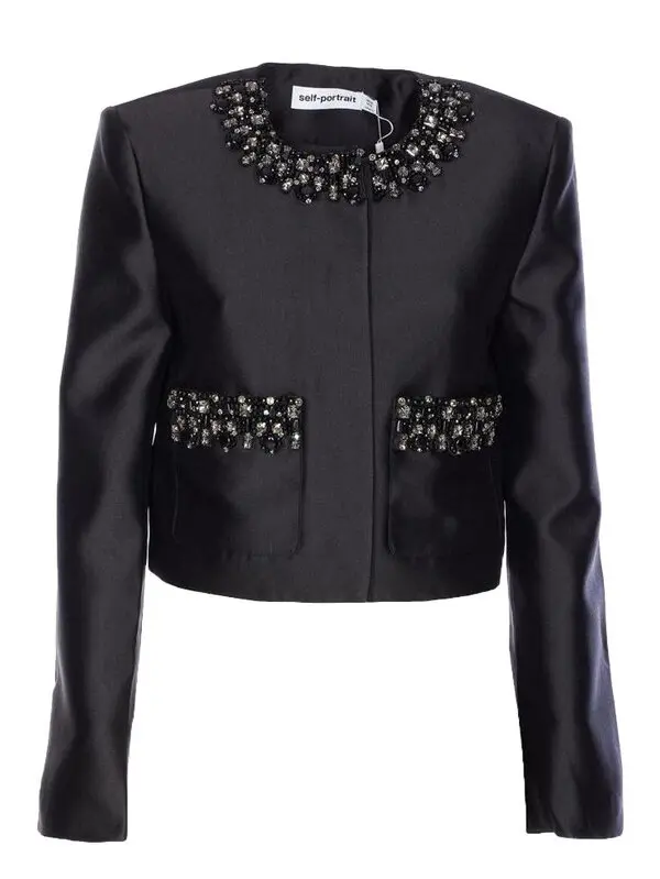 SELF-PORTRAIT Buttoned Jacket With Crystal Embellishments - Black