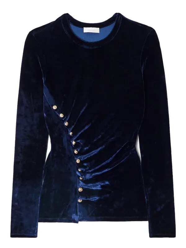 Rabanne Ruched Embellished Velvet Top - Blue