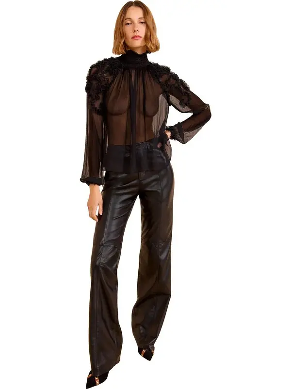 Ulla Johnson Magdalena Silk Smocked Long Sleeve Blouse - Noir