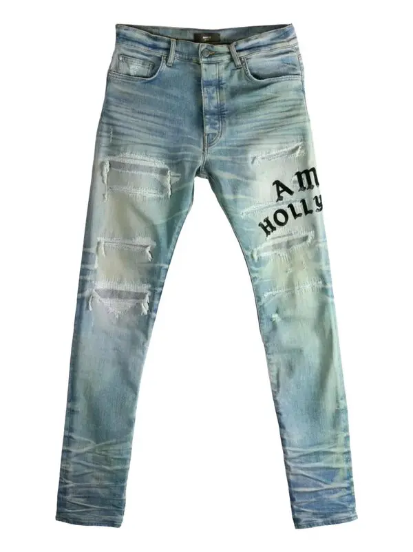 Amiri Distressed Embroidered Jeans - Brown
