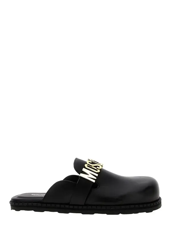 Moschino Leather Sabots With Metal Logo Appliqu - Black