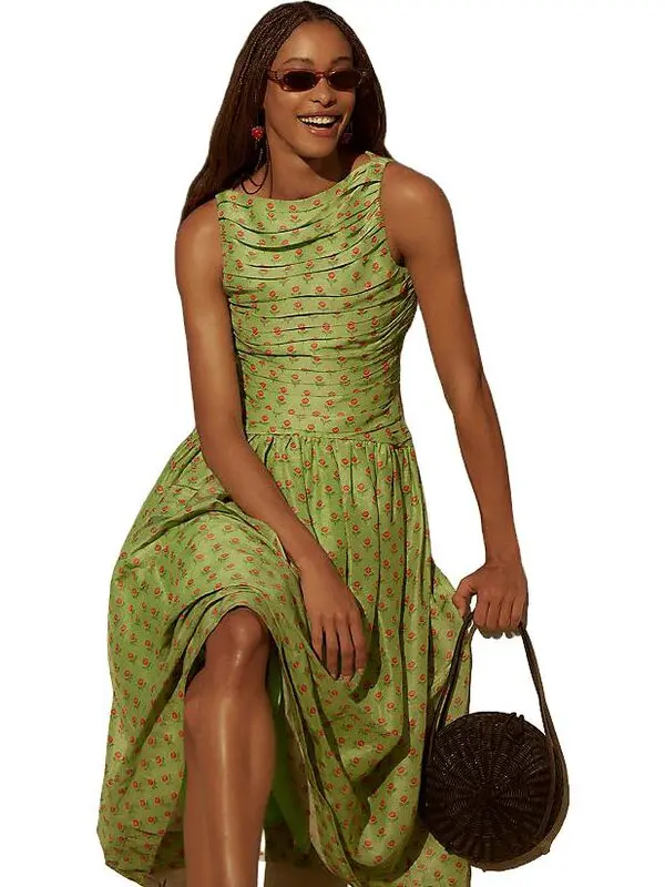 LOVAAN Val Sleeveless Ruched Linen-silk Dress - Green Rosette