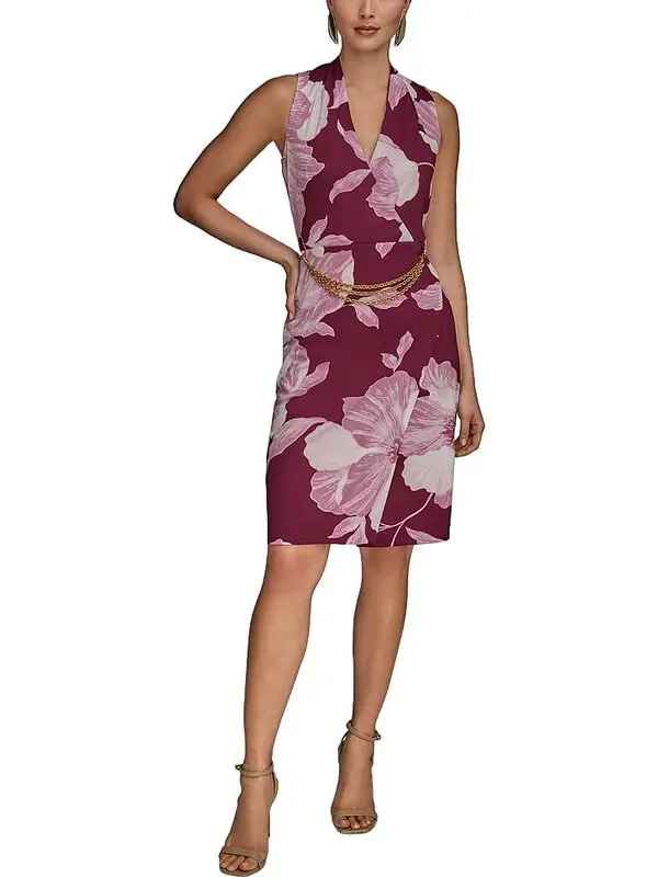 Donna Karan New York Floral Print Chain Belt Dress - Prune