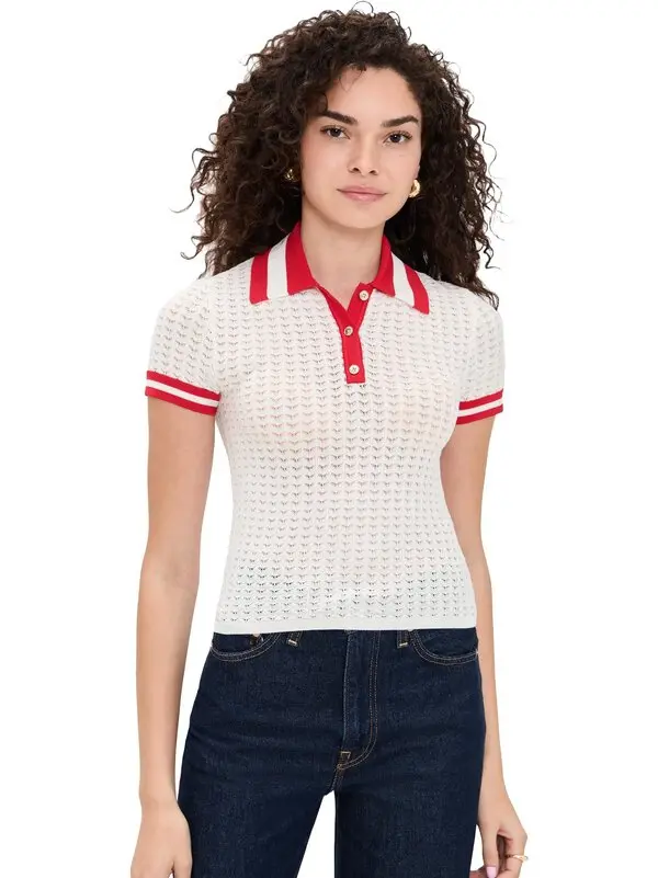 Alice + Olivia Pointelle Polo - Soft White/bright Ruby