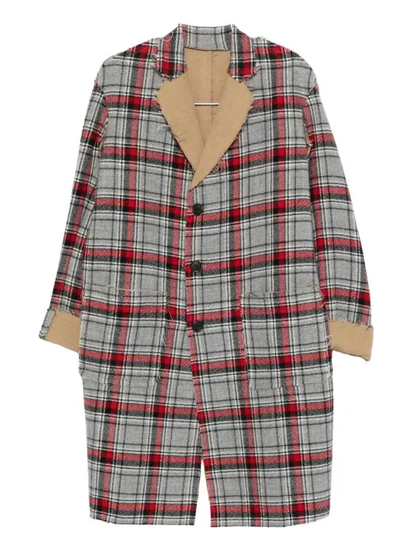 R13 Reversible Raw Cut Coat - Red Grey Plaid