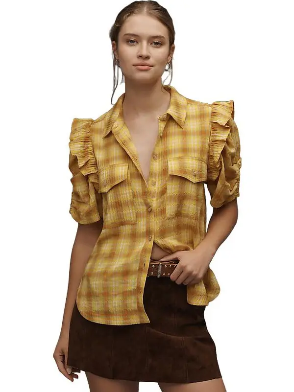 PILCRO Plaid Ruffle-sleeve Buttondown Shirt - Sunshine Blurred Check