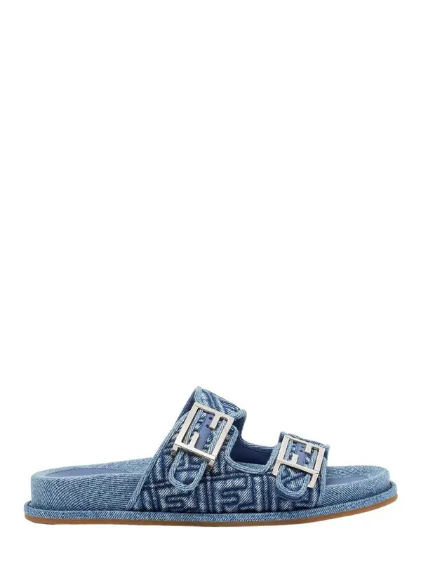 Fendi Ff Baguette Denim Slides - Blue