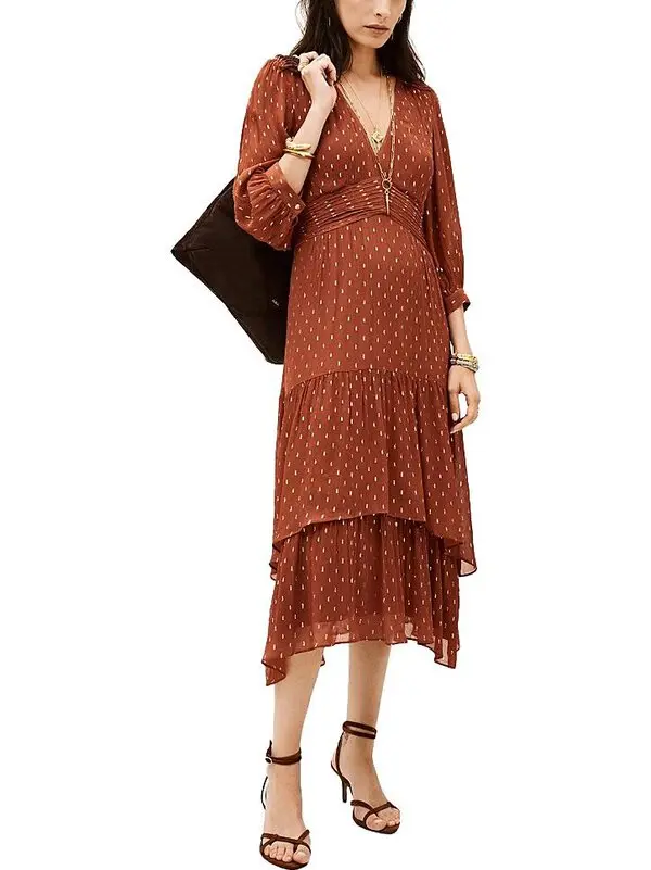 Ba&sh Maia Pleated Waist Midi Dress - Brick