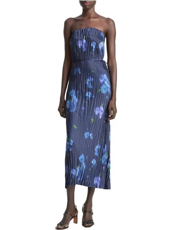 Vince Crushed Satin Printed Dress - Blue / Navy