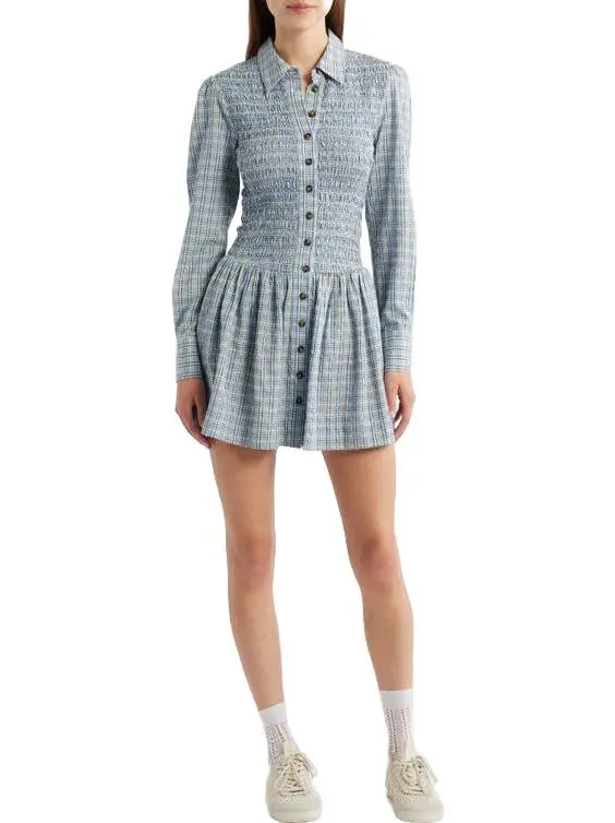DAMSON MADDER Bora Smocked Bodice Long Sleeve Organic Cotton Seersucker Minidress - Cloudy