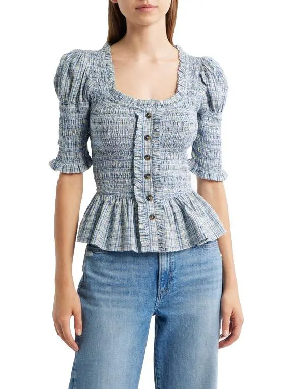 DAMSON MADDER Smocked Organic Cotton Peplum Top - Cloudy