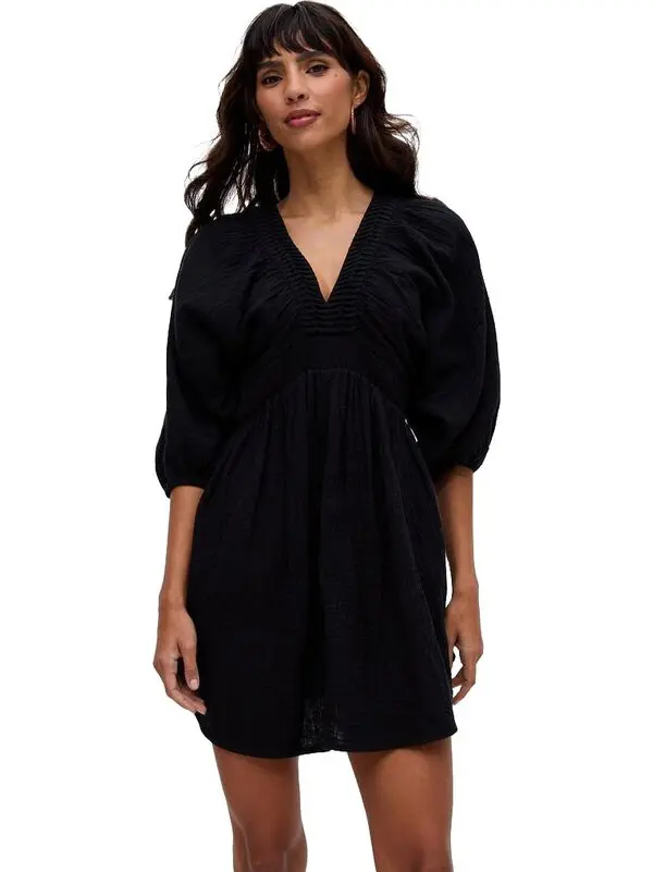 RAFFYA Soipoi Ruched V-neck Mini Dress - Black