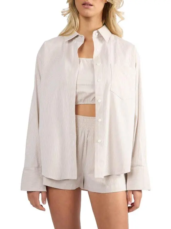 VIENS AVEC MOI Oversize Striped Button-up Shirt - Tan Stripe