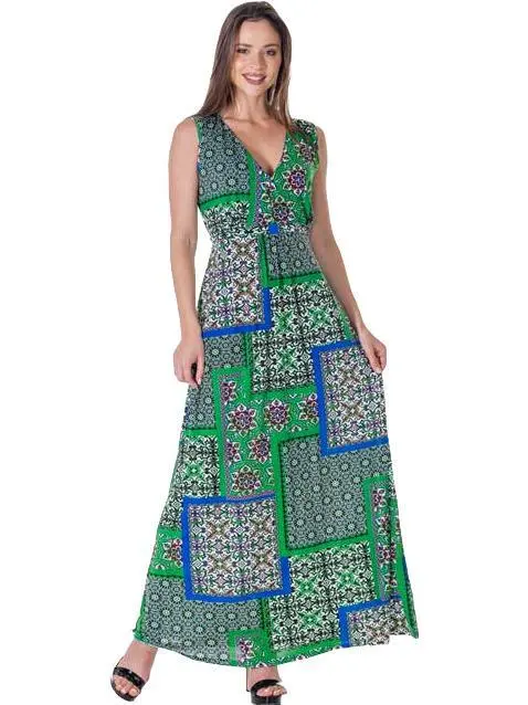 24SEVEN COMFORT APPAREL Scarf Print Sleeveless Maxi Dress - Green Multi
