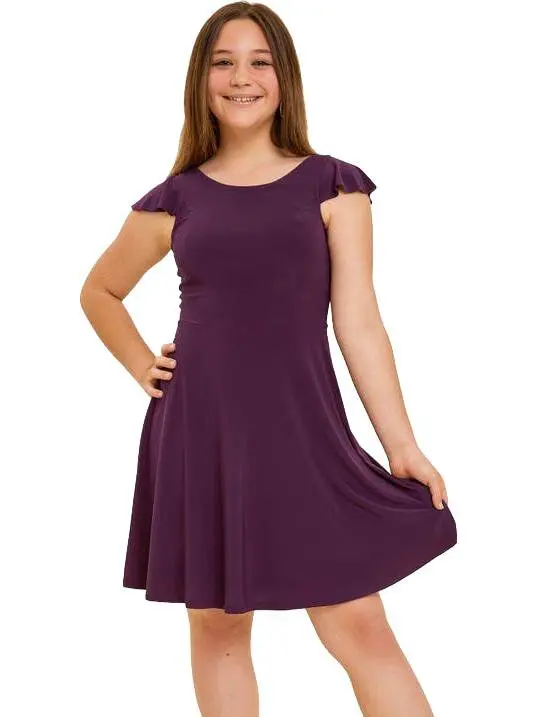 UN DEUX TROIS Fit-and-flare Flutter Sleeve Dress - Plum