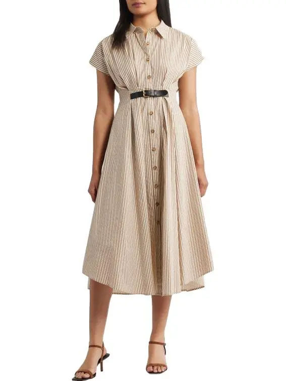 ZOE AND CLAIRE Striped Cotton Shirtdress With Belt - Brown