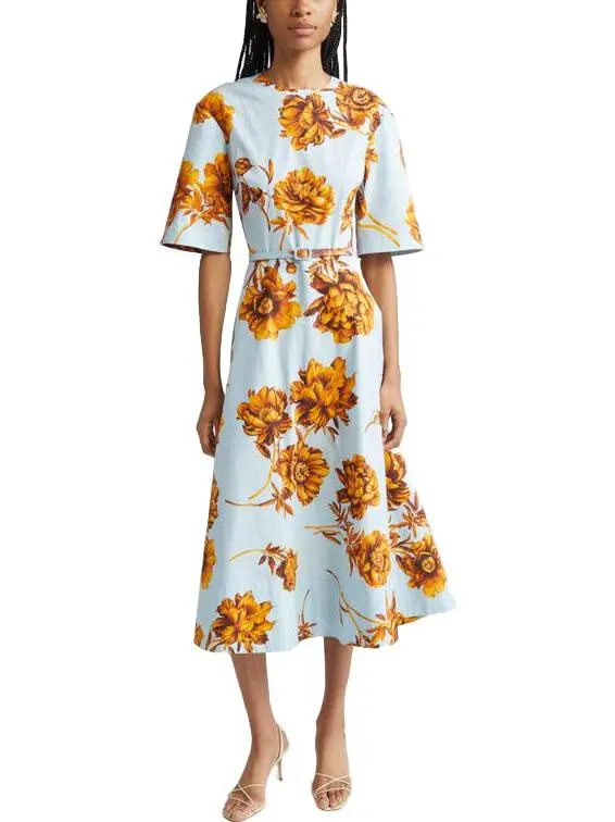 Oscar De La Renta Tonal Peony Print Belted Dress - Brown/ice Blue
