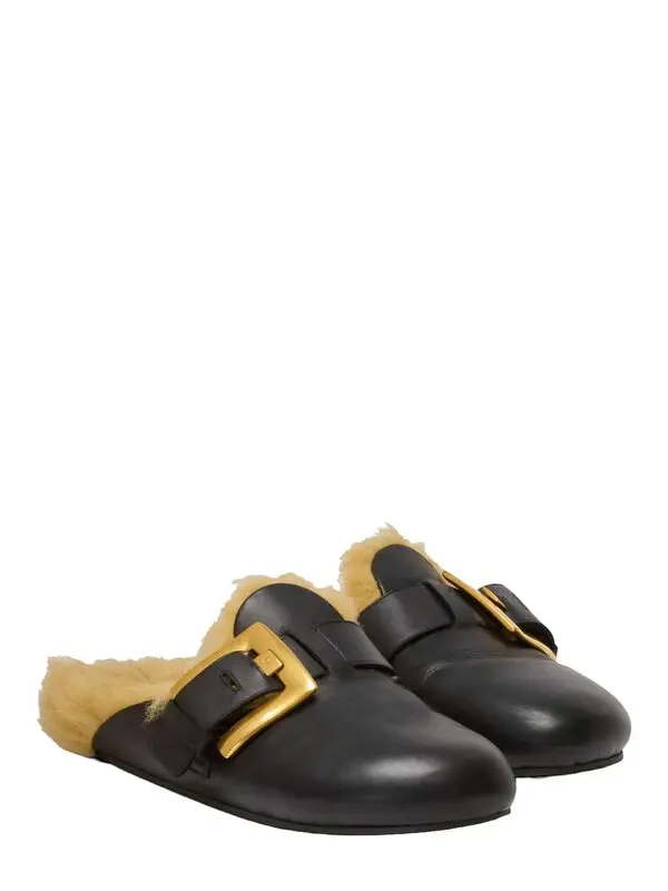 Balmain Flat Leather And Faux Fur Mules - Black