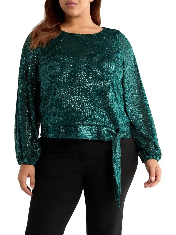 TAHARI ASL Sequin Tie Hem Top - Emerald