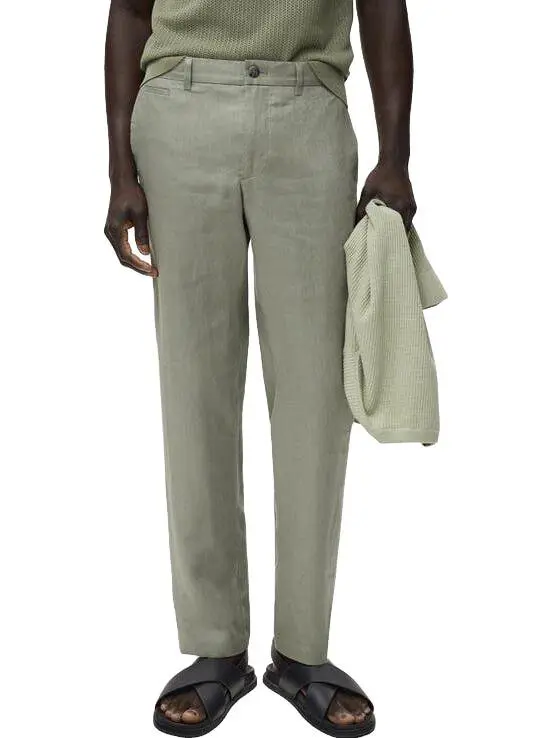 Mango Slim Fit Flat Front Linen Trousers - Green