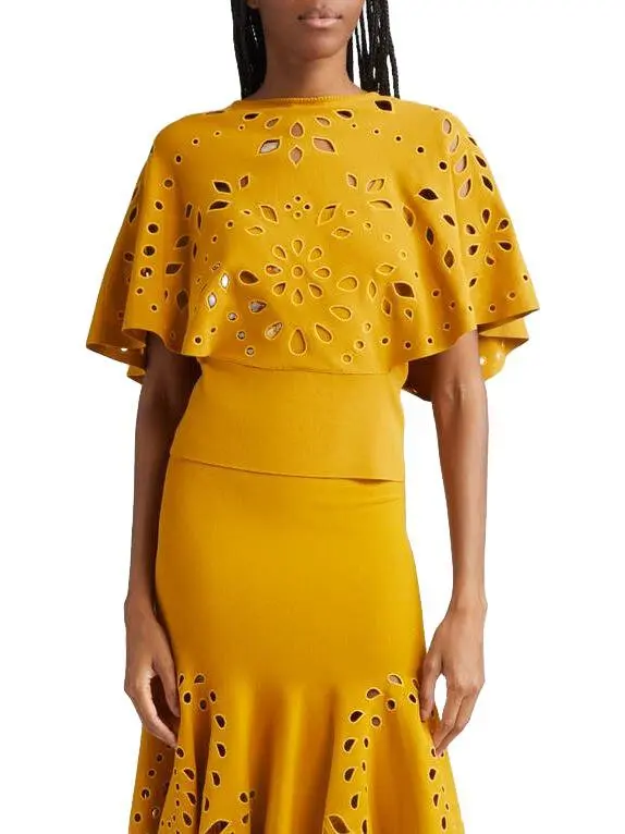 Ulla Johnson Josie Eyelet Detail Cape Sleeve Knit Top - Goldenrod