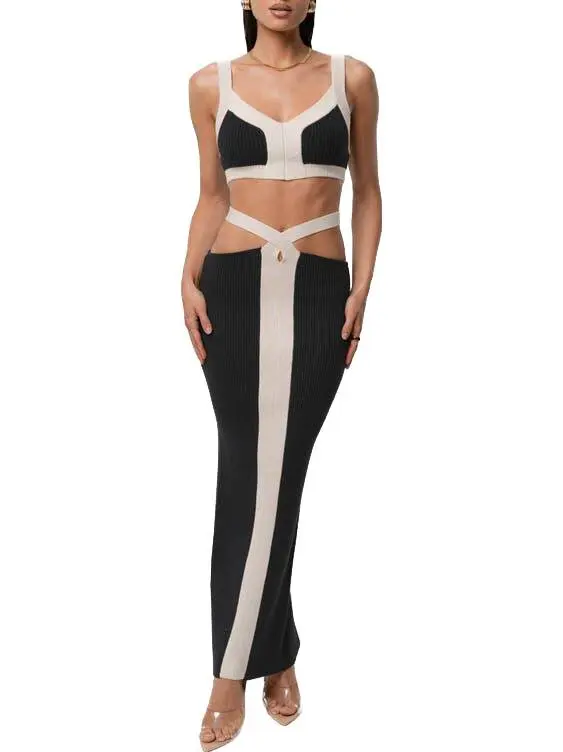 JLUXLABEL Ribbed Crop Top And Skirt Set - Black